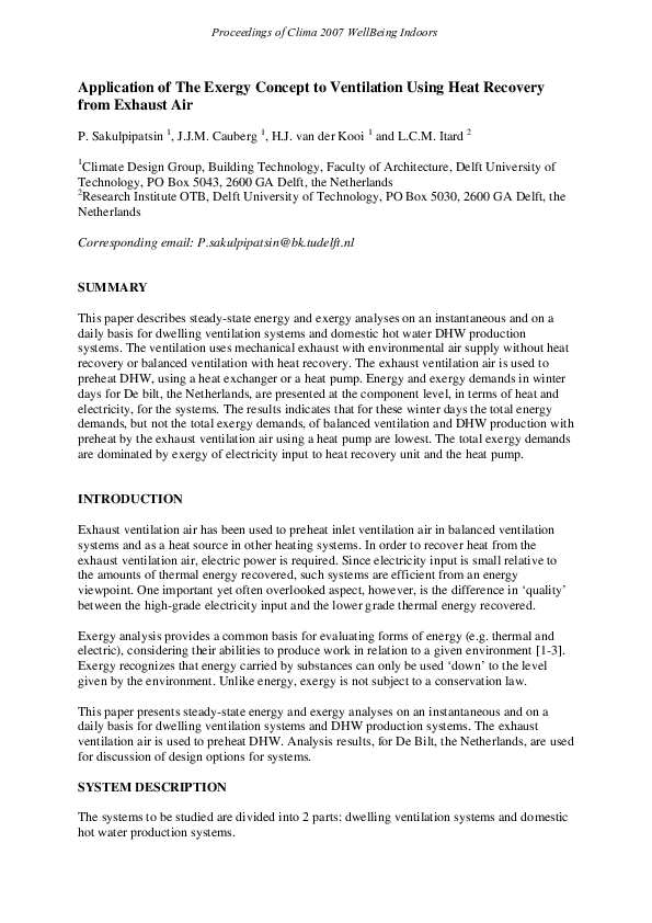 (PDF) Application of the exergy concept to ventilation using heat ...