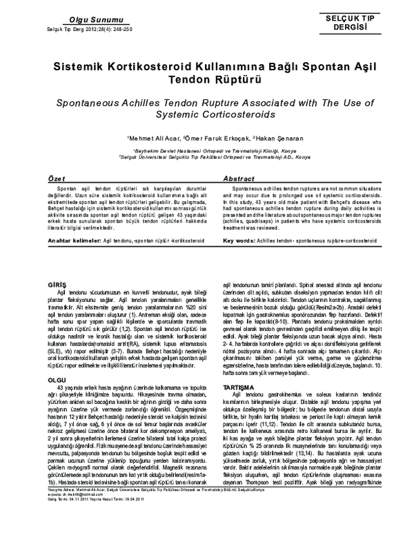 (PDF) Sistemik Kortikosteroid Kullanımına Bağlı Spontan Aşil Tendon Rüptürü