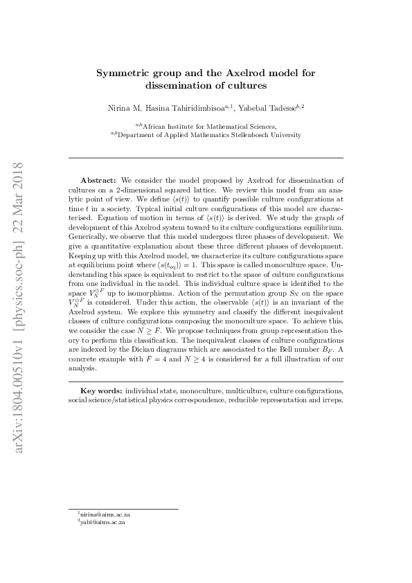 (PDF) Symmetric group and the Axelrod model for dissemination of cultures