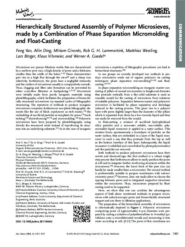 (PDF) Hierarchically Structured Assembly of Polymer Microsieves, made ...