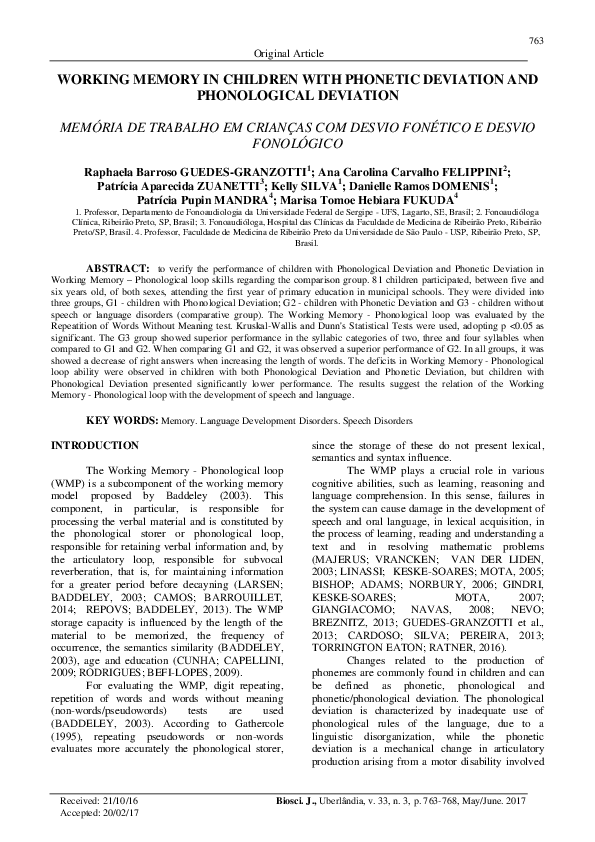 (PDF) Working memory in children with phonetic deviation and phonological deviation