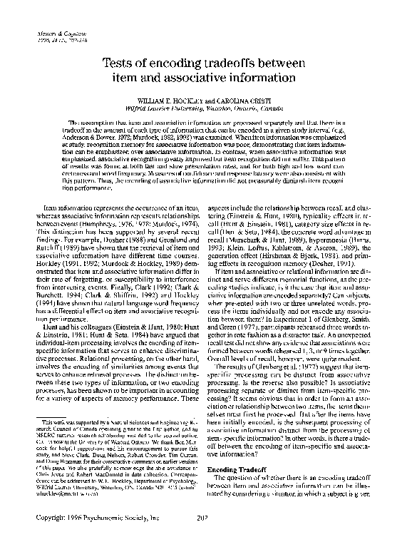 (PDF) Tests of encoding tradeoffs between item and associative information