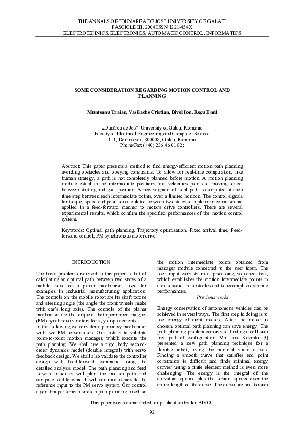 (PDF) Some Consideration Regarding Motion Control and Planning
