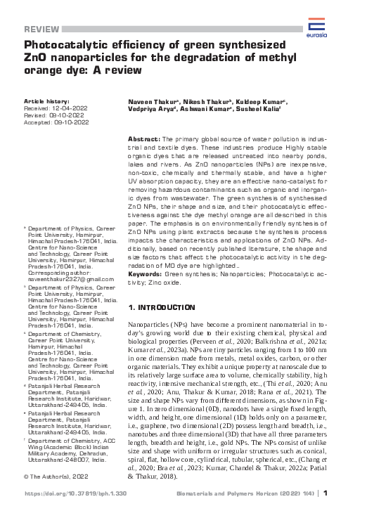 (PDF) Photocatalytic efficiency of green synthesized ZnO nanoparticles for the degradation of ...
