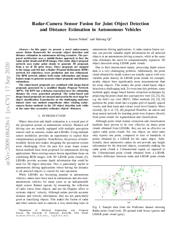 Pdf Radar Camera Sensor Fusion For Joint Object Detection And Distance Estimation In