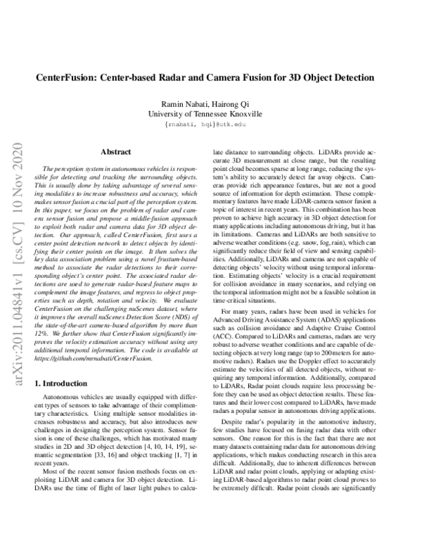 (PDF) CenterFusion: Center-based Radar and Camera Fusion for 3D Object Detection