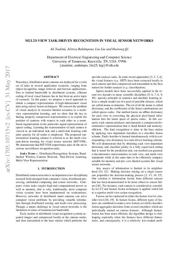Pdf Multi View Task Driven Recognition In Visual Sensor Networks