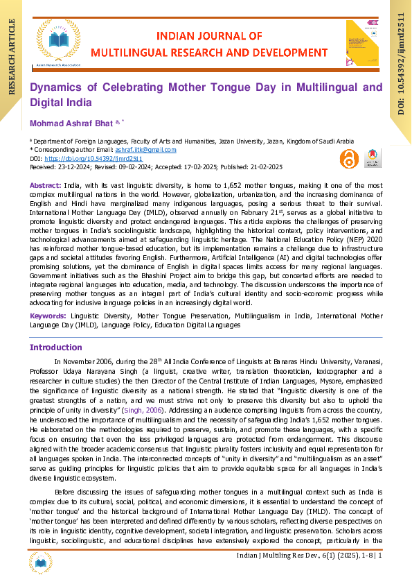 (PDF) Dynamics of Celebrating Mother Tongue Day in Multilingual and Digital India
