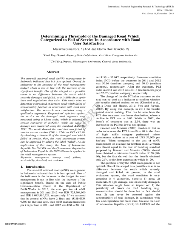 (PDF) Determining a Threshold of the Damaged Road Which Categorized to ...