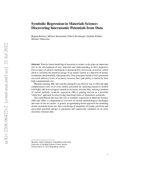(PDF) Symbolic Regression in Materials Science: Discovering Interatomic Potentials from Data