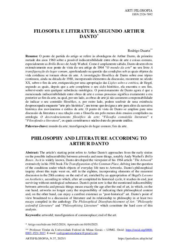 (PDF) FILOSOFIA E LITERATURA SEGUNDO ARTHUR DANTO