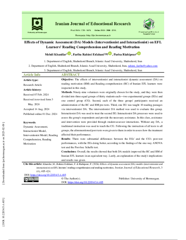 (PDF) Effects of Dynamic Assessment (DA) Models (Interventionist and Interactionist) on EFL ...