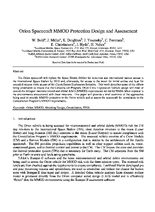 (PDF) Orion Spacecraft MMOD Protection Design and Assessment