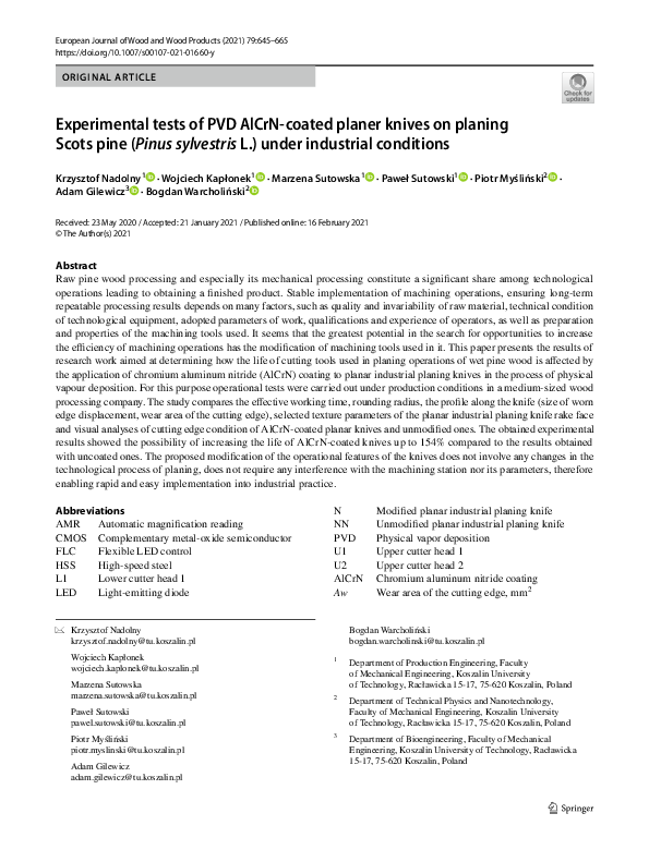 (PDF) Experimental tests of PVD AlCrN-coated planer knives on planing ...