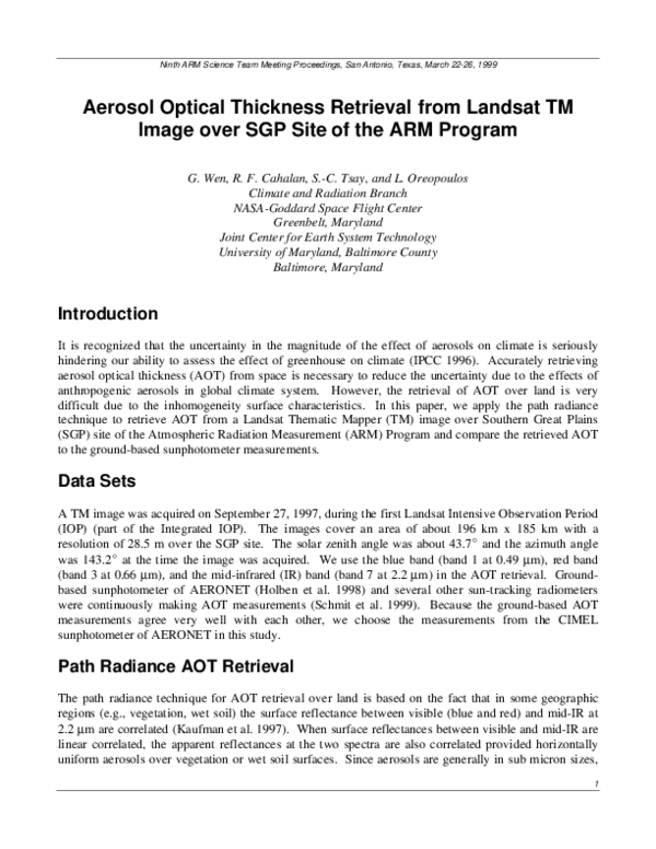 (PDF) Aerosol Optical Thickness Retrieval from Landsat TM Image over SGP Site of the ARM Program