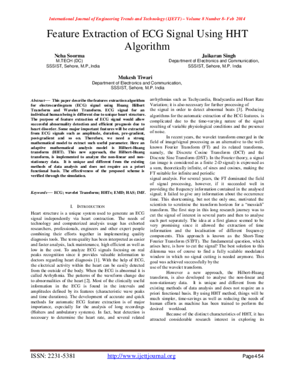 Pdf Feature Extraction Of Ecg Signal Using Hht Algorithm