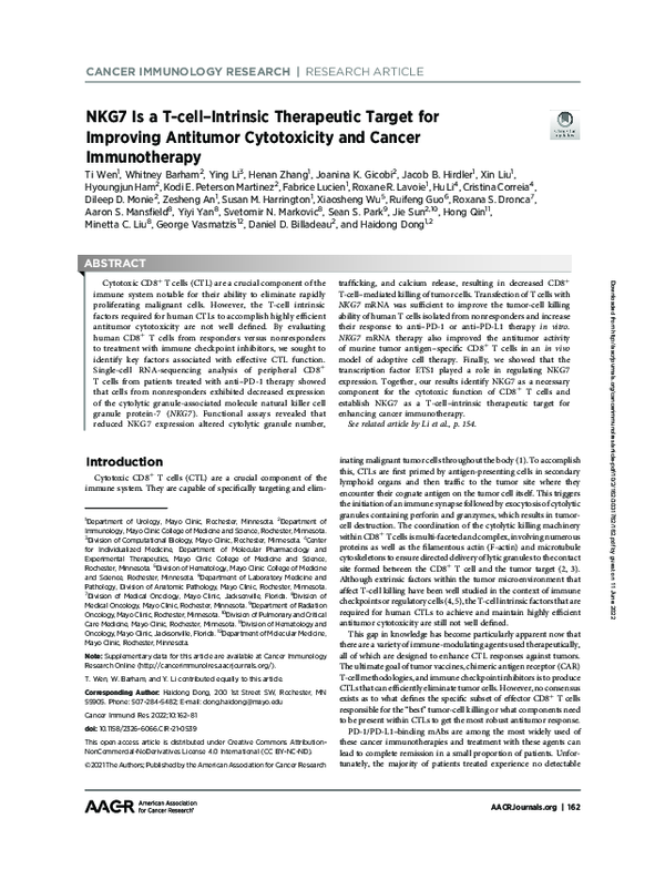 (PDF) NKG7 Is a T-cell–Intrinsic Therapeutic Target for Improving ...