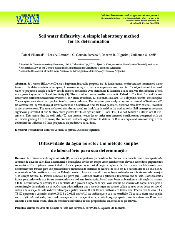 (PDF) Soil water diffusivity: a simple laboratory method for its determination