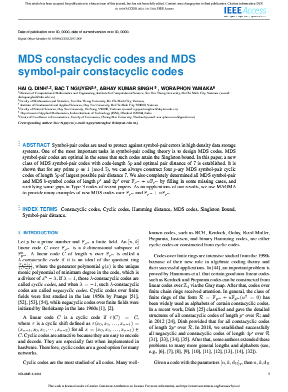 (PDF) MDS Constacyclic Codes and MDS Symbol-Pair Constacyclic Codes