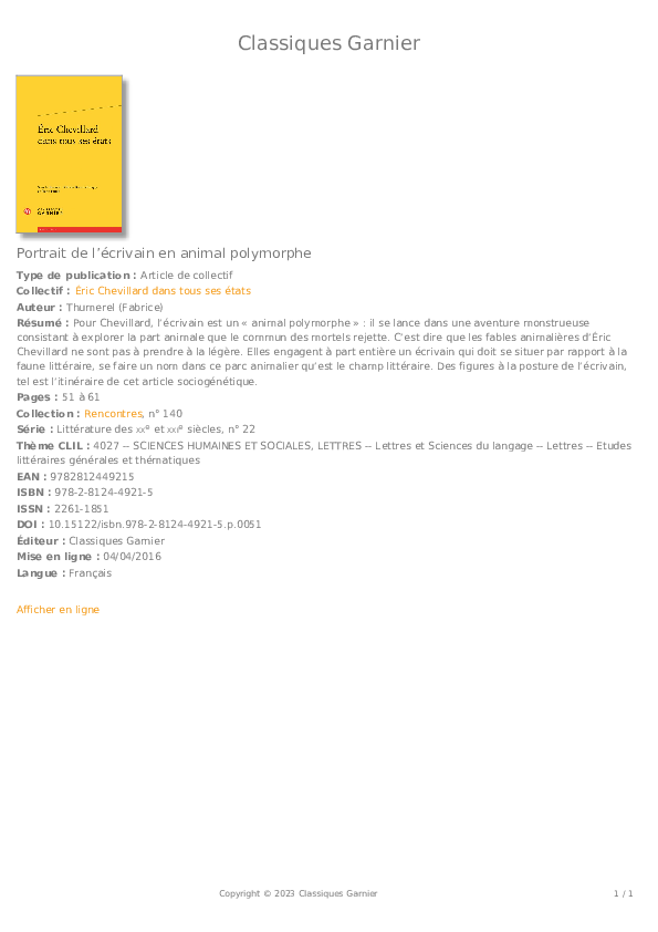 (PDF) Portrait de ­­l’écrivain en animal polymorphe