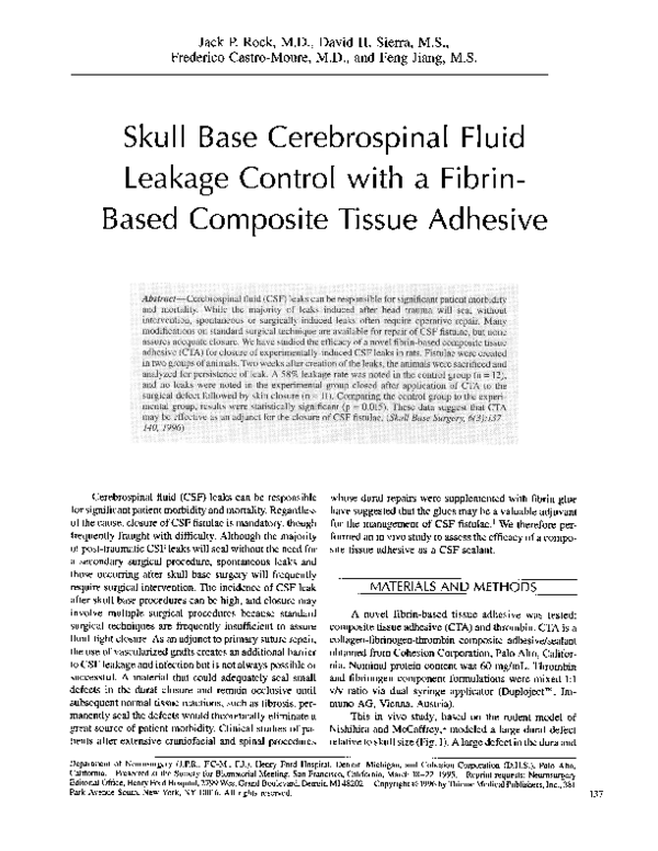 (PDF) Skull Base Cerebrospinal Fluid Leakage Control with a Fibrin ...