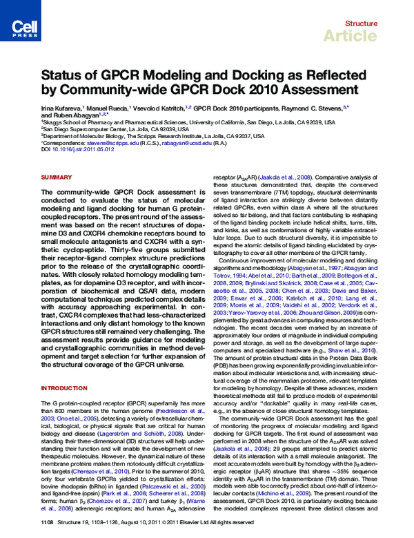 (PDF) Status of GPCR Modeling and Docking as Reflected by Community-wide GPCR Dock 2010 Assessment