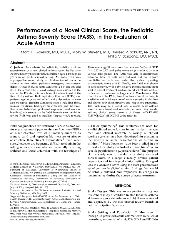 (PDF) Performance of a Novel Clinical Score, the Pediatric Asthma ...