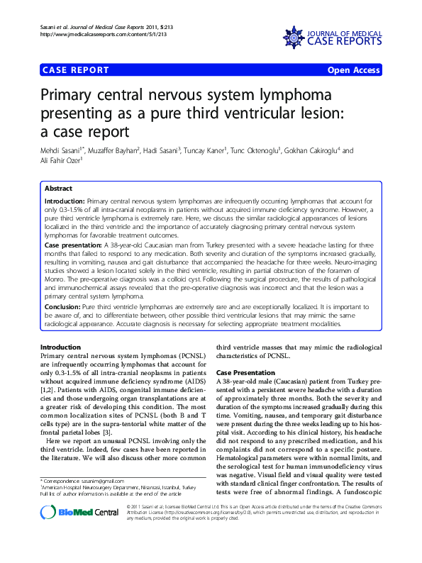 (PDF) Primary central nervous system lymphoma presenting as a pure third ventricular lesion: a ...