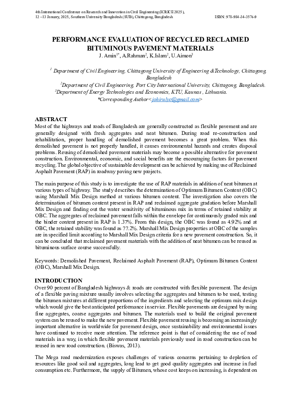 (PDF) PERFORMANCE EVALUATION OF RECYCLED RECLAIMED BITUMINOUS PAVEMENT MATERIALS