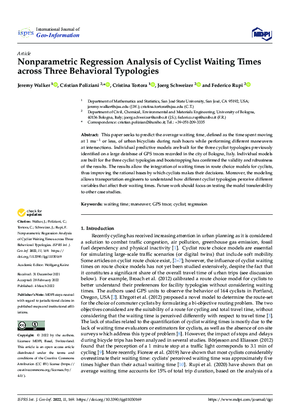 (PDF) Nonparametric Regression Analysis of Cyclist Waiting Times across Three Behavioral Typologies