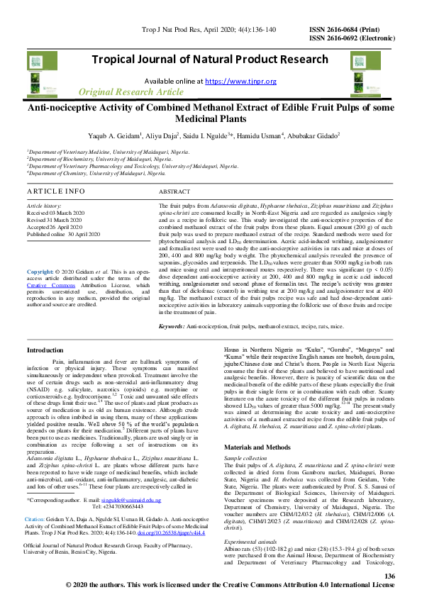 (PDF) Anti-nociceptive Activity of Combined Methanol Extract of Edible ...