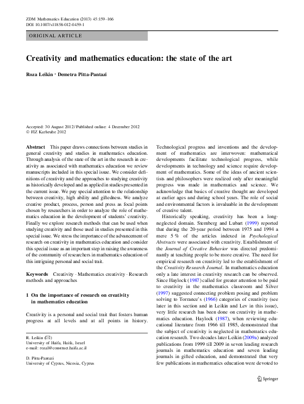 (PDF) Creativity and mathematics education: the state of the art