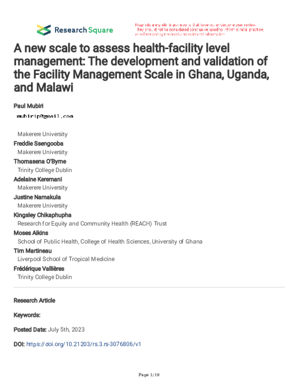 (PDF) A new scale to assess health-facility level management: The development and validation of ...