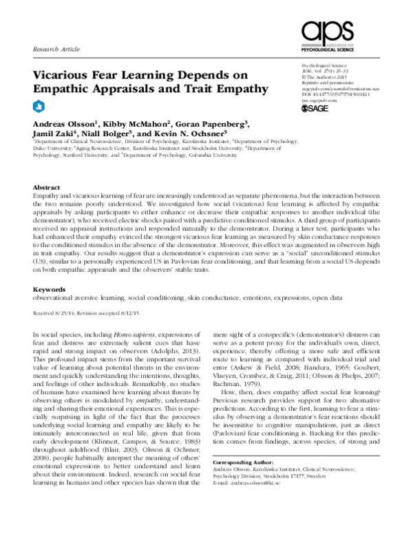 (PDF) Vicarious Fear Learning Depends on Empathic Appraisals and Trait ...