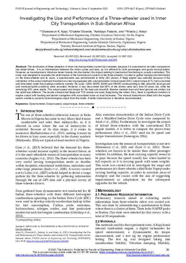 (PDF) Investigating the Use and Performance of a Three-wheeler used in ...