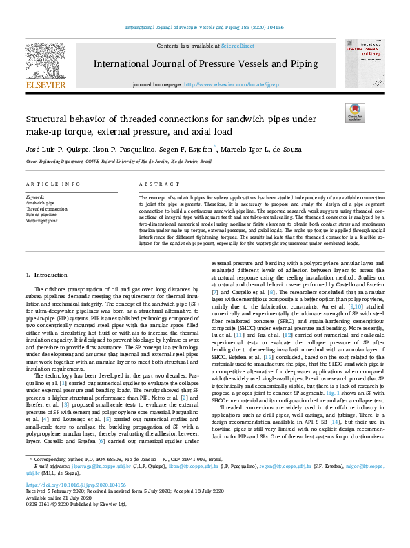 (PDF) Structural behavior of threaded connections for sandwich pipes ...