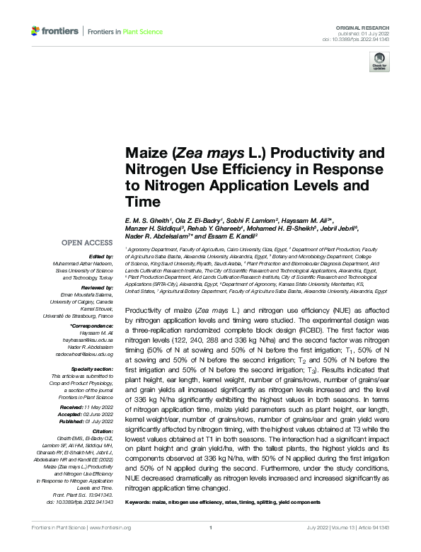 (PDF) Maize (Zea mays L.) Productivity and Nitrogen Use Efficiency in Response to Nitrogen ...