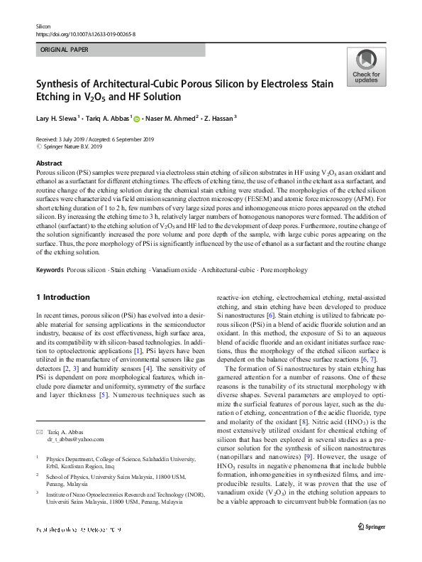(PDF) Synthesis of Architectural-Cubic Porous Silicon by Electroless Stain Etching in V2O5 and ...