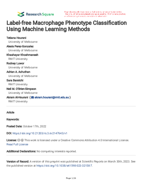 (PDF) Label-free Macrophage Phenotype Classification Using Machine Learning Methods