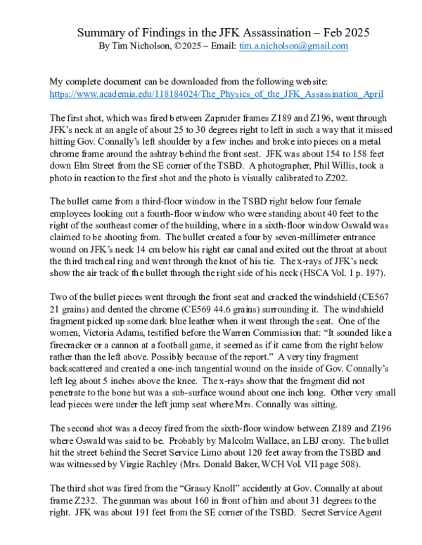 (PDF) Summary of Findings in the JFK Assassination -Feb 2025