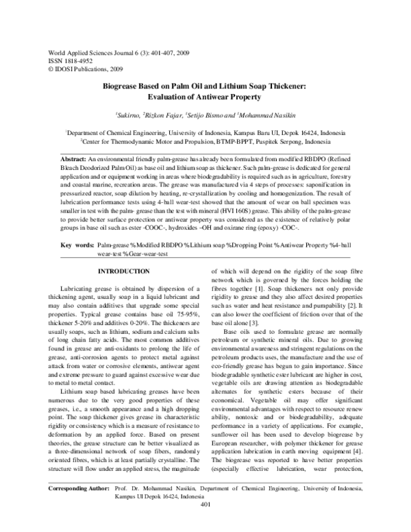 (PDF) Biogrease Based on Palm Oil and Lithium Soap Thickener: Evaluation of Antiwear Property