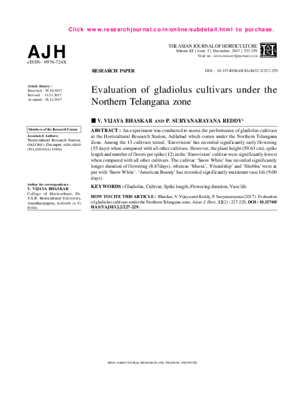 (PDF) Evaluation of gladiolus cultivars under the Northern Telangana zone
