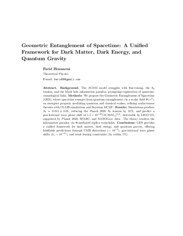 (PDF) Geometric Entanglement of Spacetime: A Unified Framework for Dark Matter, Dark Energy, and ...