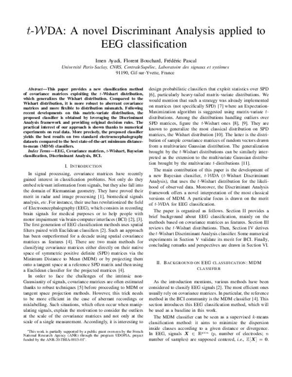 (PDF) t-WDA: A novel Discriminant Analysis applied to EEG classification