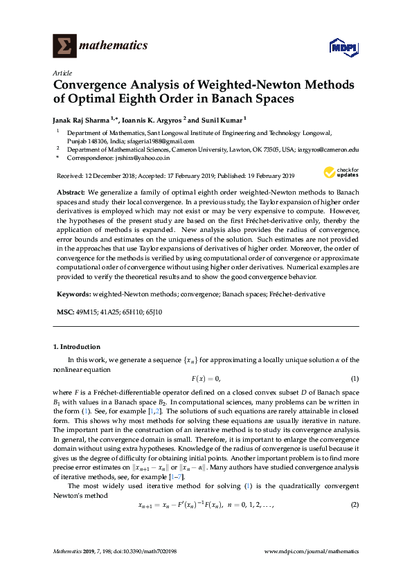 Pdf Convergence Analysis Of Weighted Newton Methods Of Optimal Eighth Order In Banach Spaces