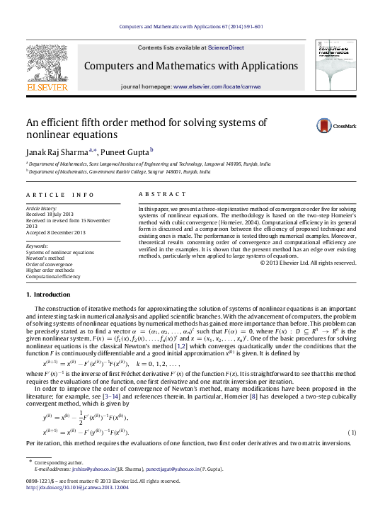 Pdf An Efficient Fifth Order Method For Solving Systems Of Nonlinear Equations