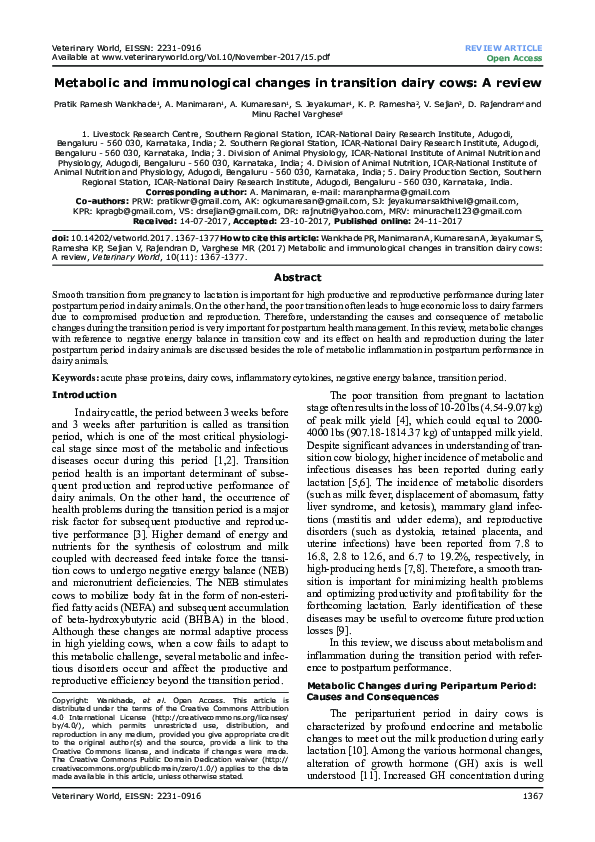 (PDF) Metabolic and immunological changes in transition dairy cows: A ...