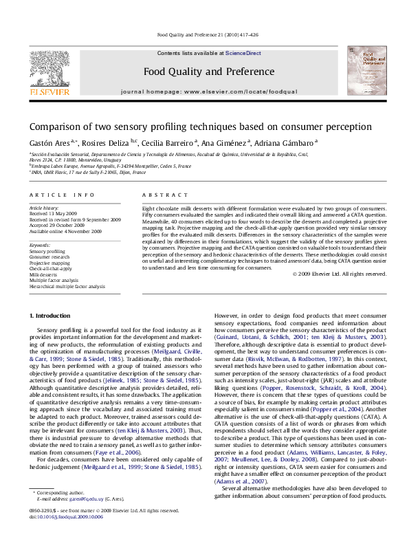 (PDF) Comparison of two sensory profiling techniques based on consumer perception