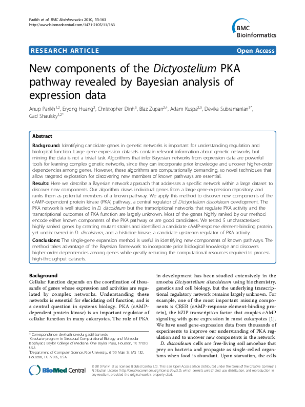 (PDF) New components of the Dictyostelium PKA pathway revealed by Bayesian analysis of ...