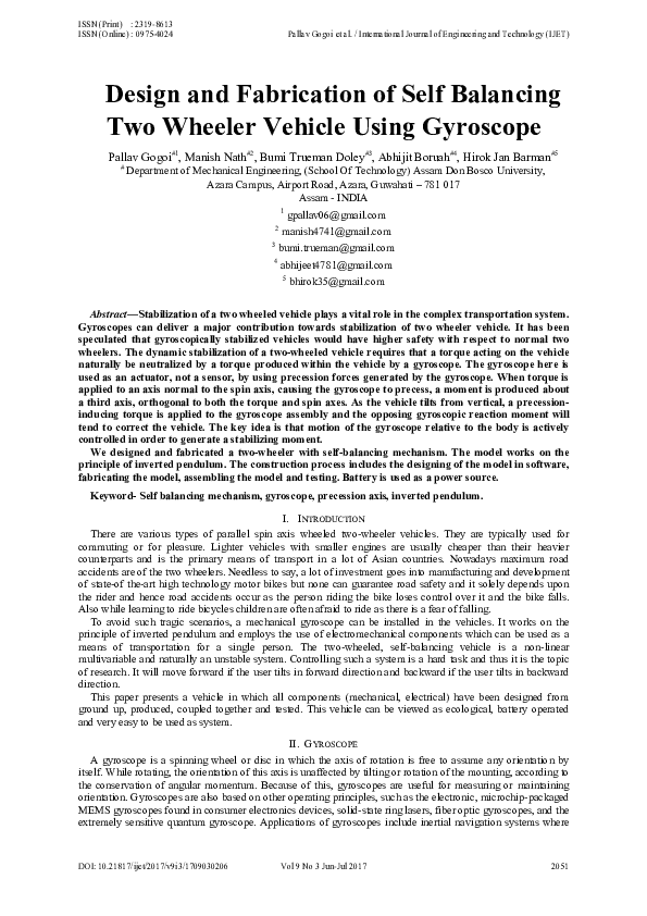 (PDF) Design and Fabrication of Self Balancing Two Wheeler Vehicle ...